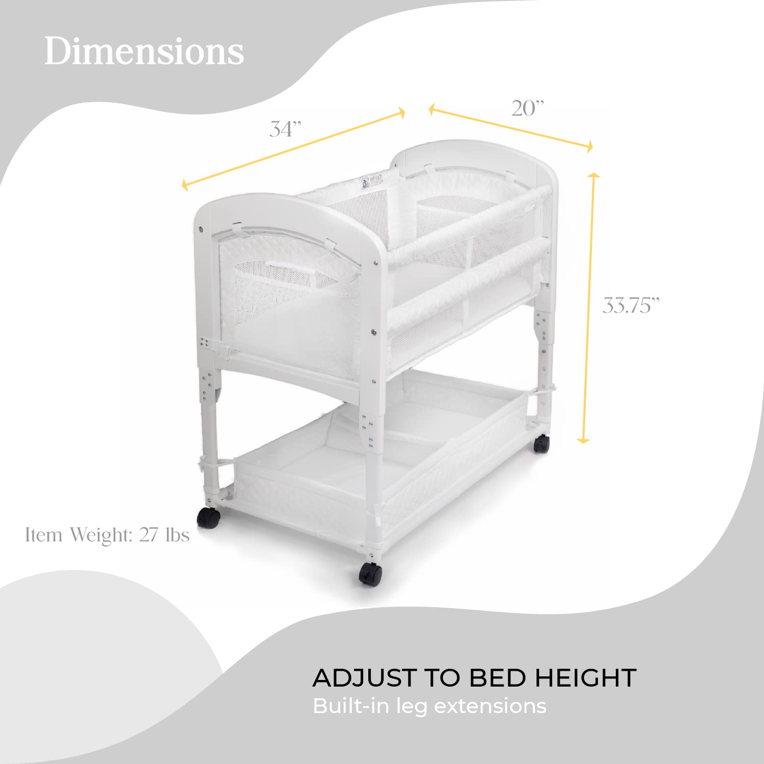 Arm’s Reach Cambria Co-Sleeper Bedside Bassinet Featuring Height-Adjustable Legs, Curved Wooden Ends, Breathable Mesh Sides with Pockets, and Large Lower Storage Basket, White