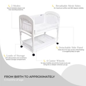 Arm’s Reach Cambria Co-Sleeper Bedside Bassinet Featuring Height-Adjustable Legs, Curved Wooden Ends, Breathable Mesh Sides with Pockets, and Large Lower Storage Basket, White