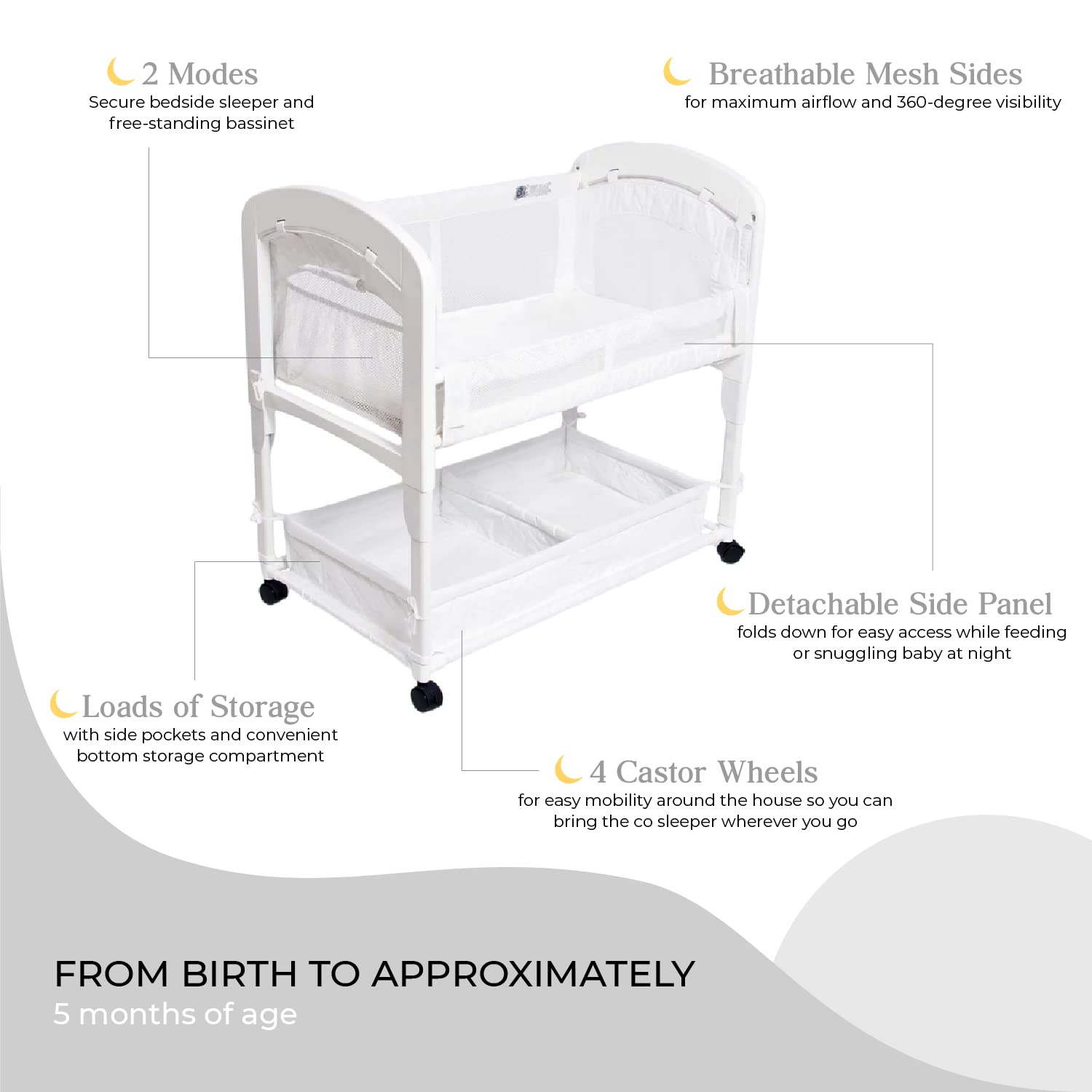 Arm’s Reach Cambria Co-Sleeper Bedside Bassinet Featuring Height-Adjustable Legs, Curved Wooden Ends, Breathable Mesh Sides with Pockets, and Large Lower Storage Basket, White