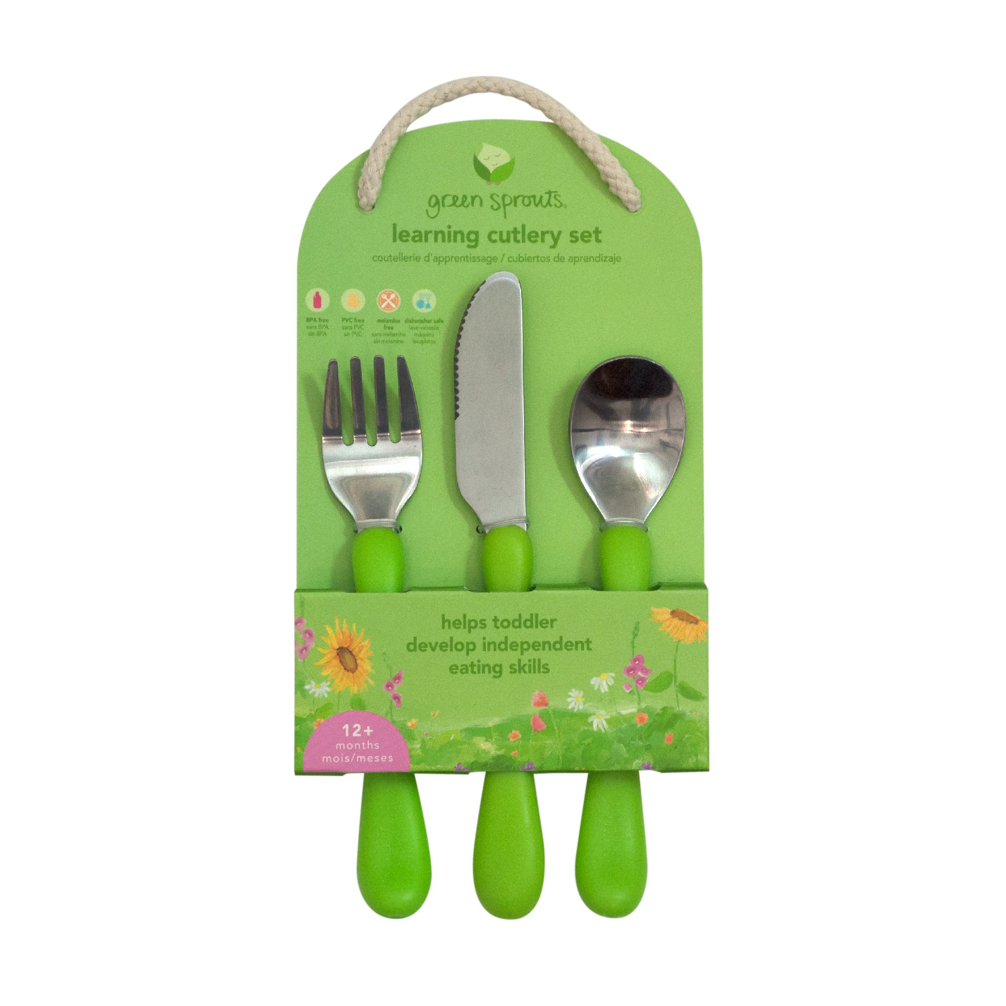 green sprouts Learning Cutlery Set | Helps toddler develop independent eating skills | Designed for small hands, Contoured handles for easy gripping, Safety edge on knife, Dishwasher safe