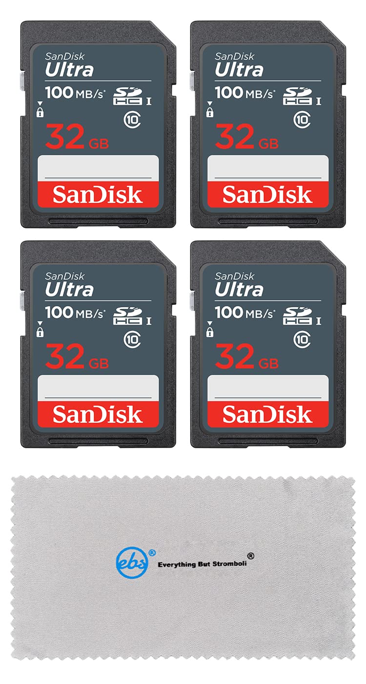 SanDisk 32GB Ultra (4 Pack) UHS-I Class 10 SDHC Memory Card, Retail Packaging - with (1) Everything But Stromboli (tm) Microfiber Cloth