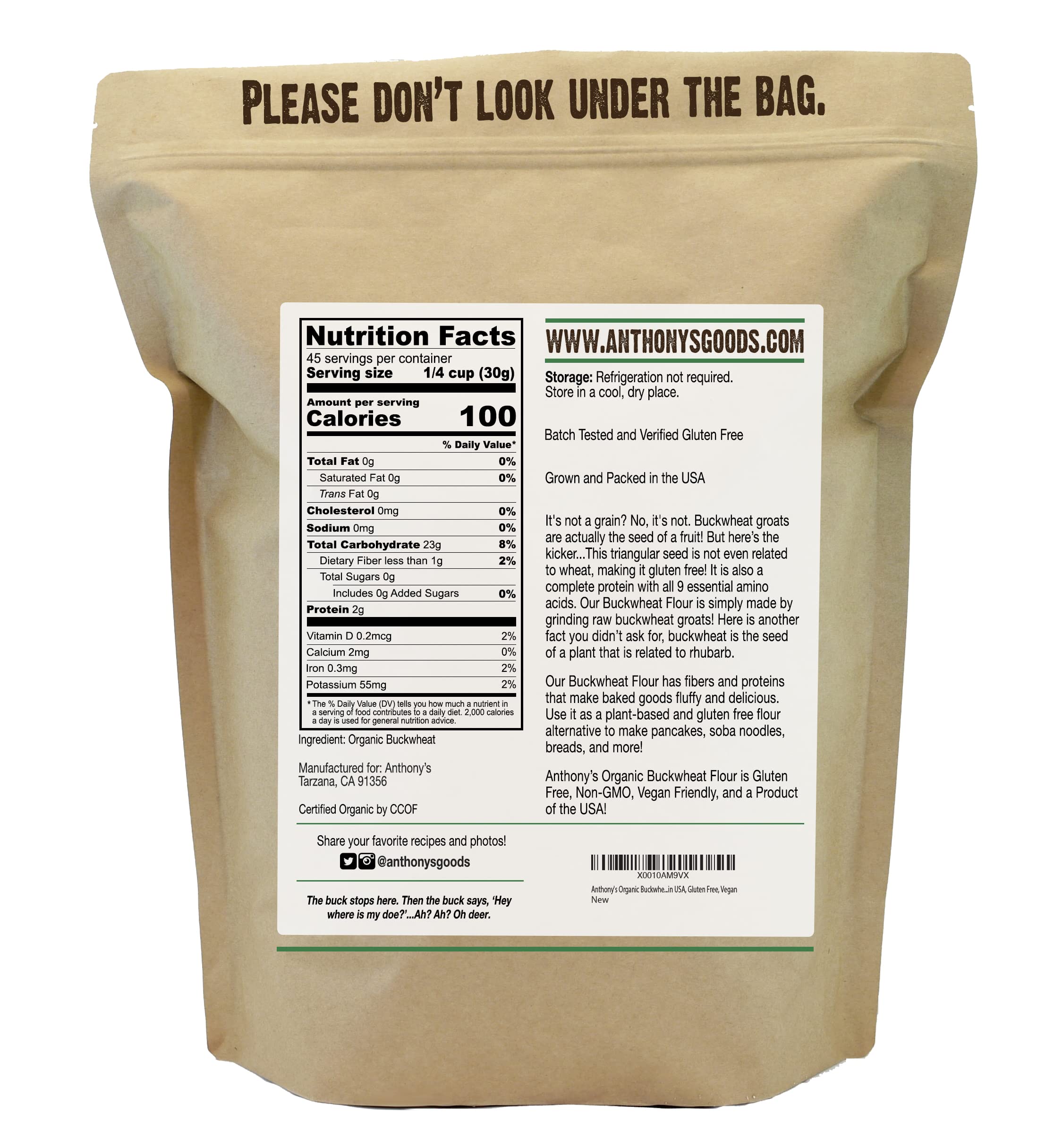 Anthony's Organic Buckwheat Flour, 3 lb, Grown in USA, Gluten Free, Vegan