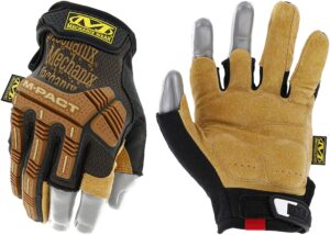 mechanix wear: m-pact durahide leather framer work gloves, fingerless design, work gloves with impact protection and vibration absorption, safety gloves for men (brown, large)