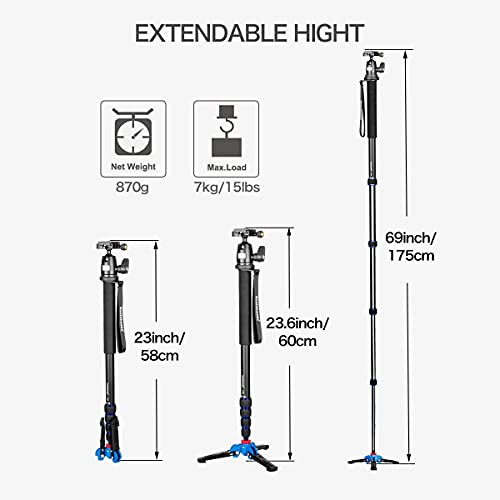 koolehaoda Camera Aluminum Monopod with Three Feet Stand Support Base & K-09 Ballhead for DSLR Camera Canon Nikon. Extended Max Height: 69-inch.