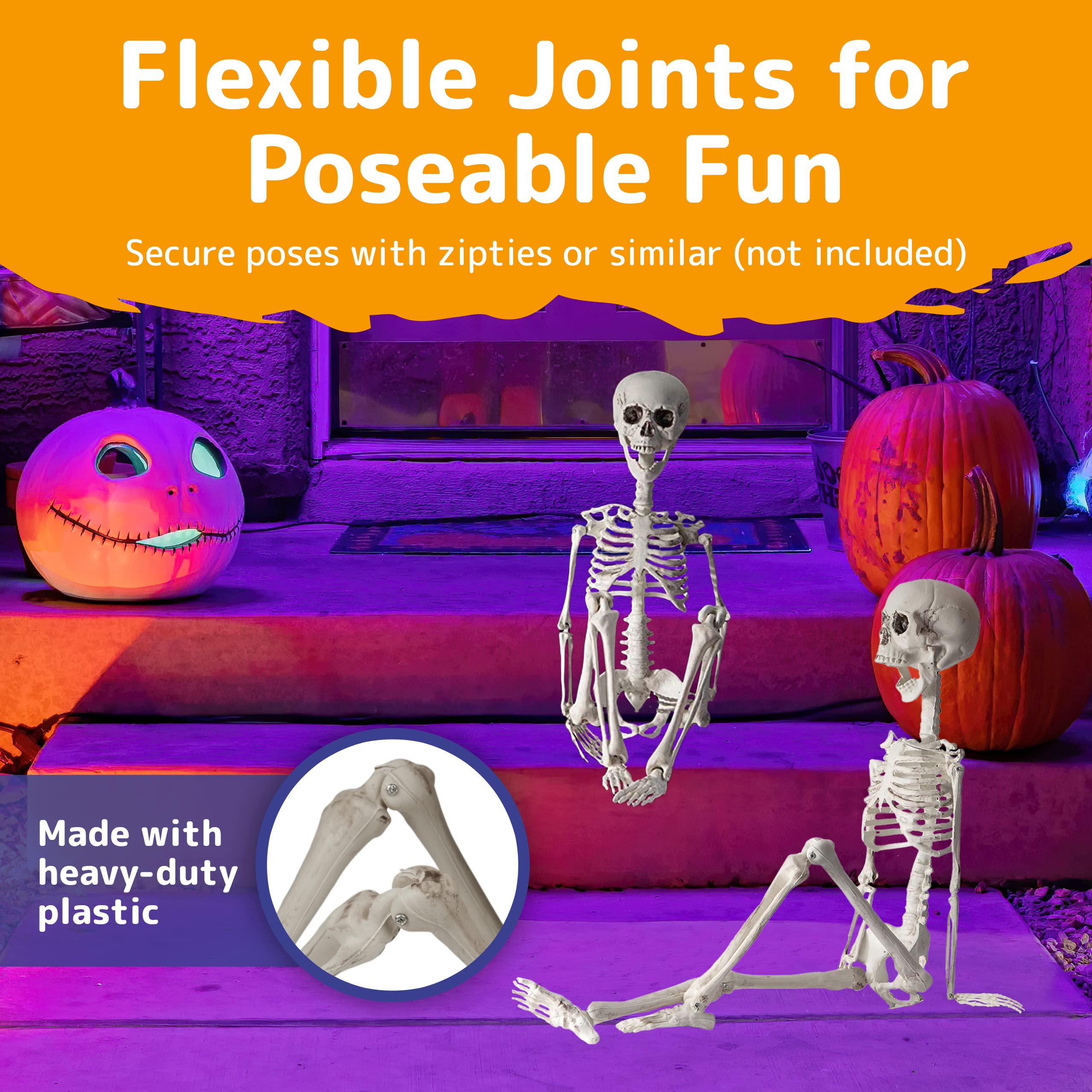 Prextex Skeleton Halloween & Day of The Dead Decoration for Home and Office - 19 Inch Posable Plastic Small Skeleton Toy Halloween Décor with Movable / Bendable Joints and 2 Sets of Body Accessories