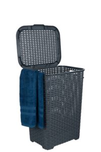 laundry hamper basket with lid 60 liter - deluxe wicker style grey color - 1.70 bushel bin with cutout handles to storage dirty cloths in washroom bathroom, or bedroom. by superio