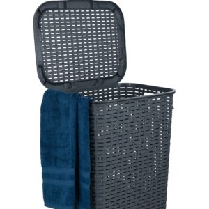 Laundry Hamper Basket With Lid 60 Liter - Deluxe Wicker Style Grey Color - 1.70 Bushel Bin With Cutout Handles To Storage Dirty Cloths in Washroom Bathroom, Or Bedroom. By Superio