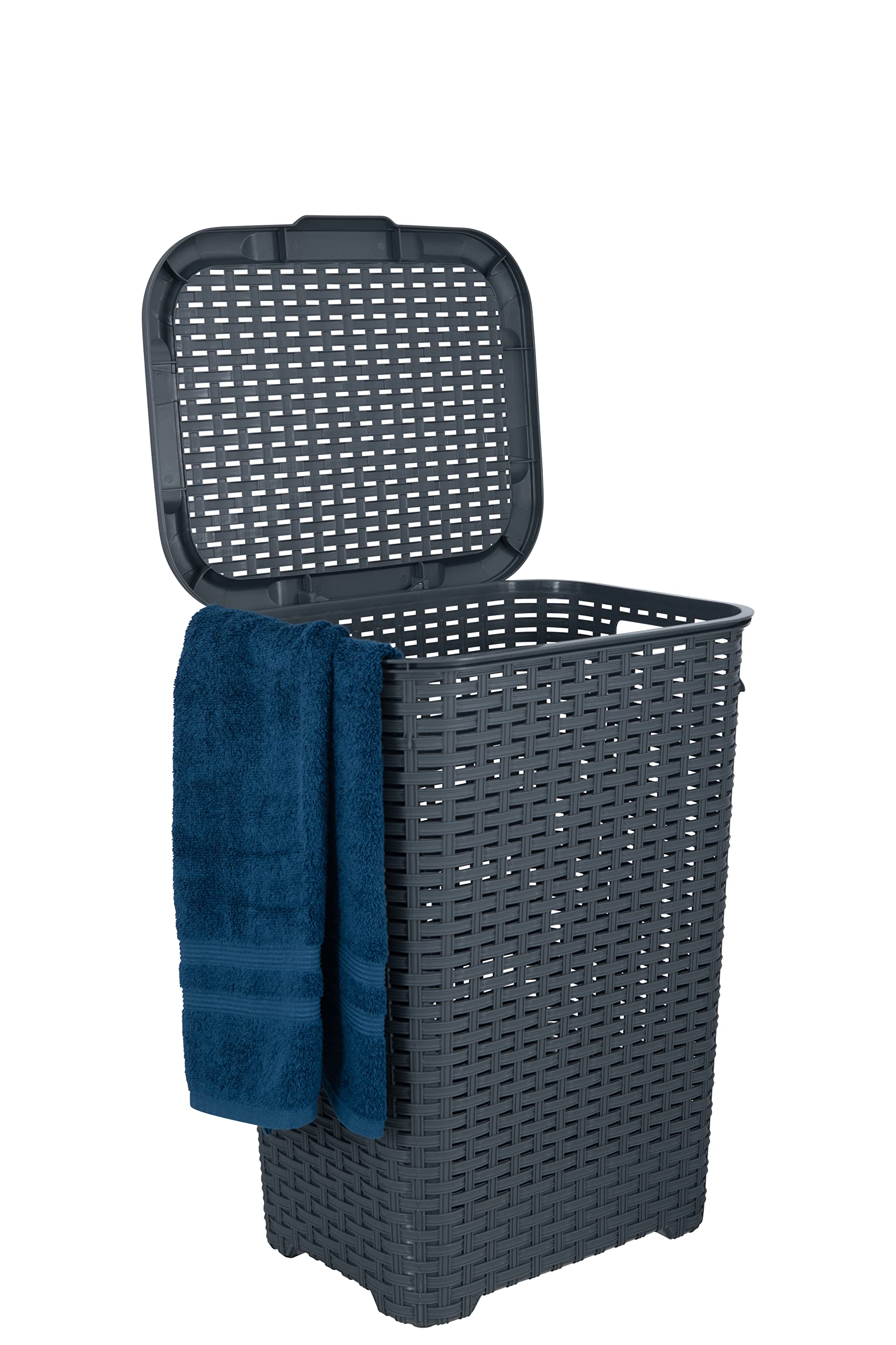 Laundry Hamper Basket With Lid 60 Liter - Deluxe Wicker Style Grey Color - 1.70 Bushel Bin With Cutout Handles To Storage Dirty Cloths in Washroom Bathroom, Or Bedroom. By Superio