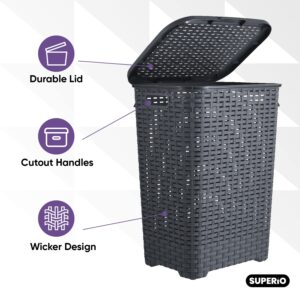 Laundry Hamper Basket With Lid 60 Liter - Deluxe Wicker Style Grey Color - 1.70 Bushel Bin With Cutout Handles To Storage Dirty Cloths in Washroom Bathroom, Or Bedroom. By Superio