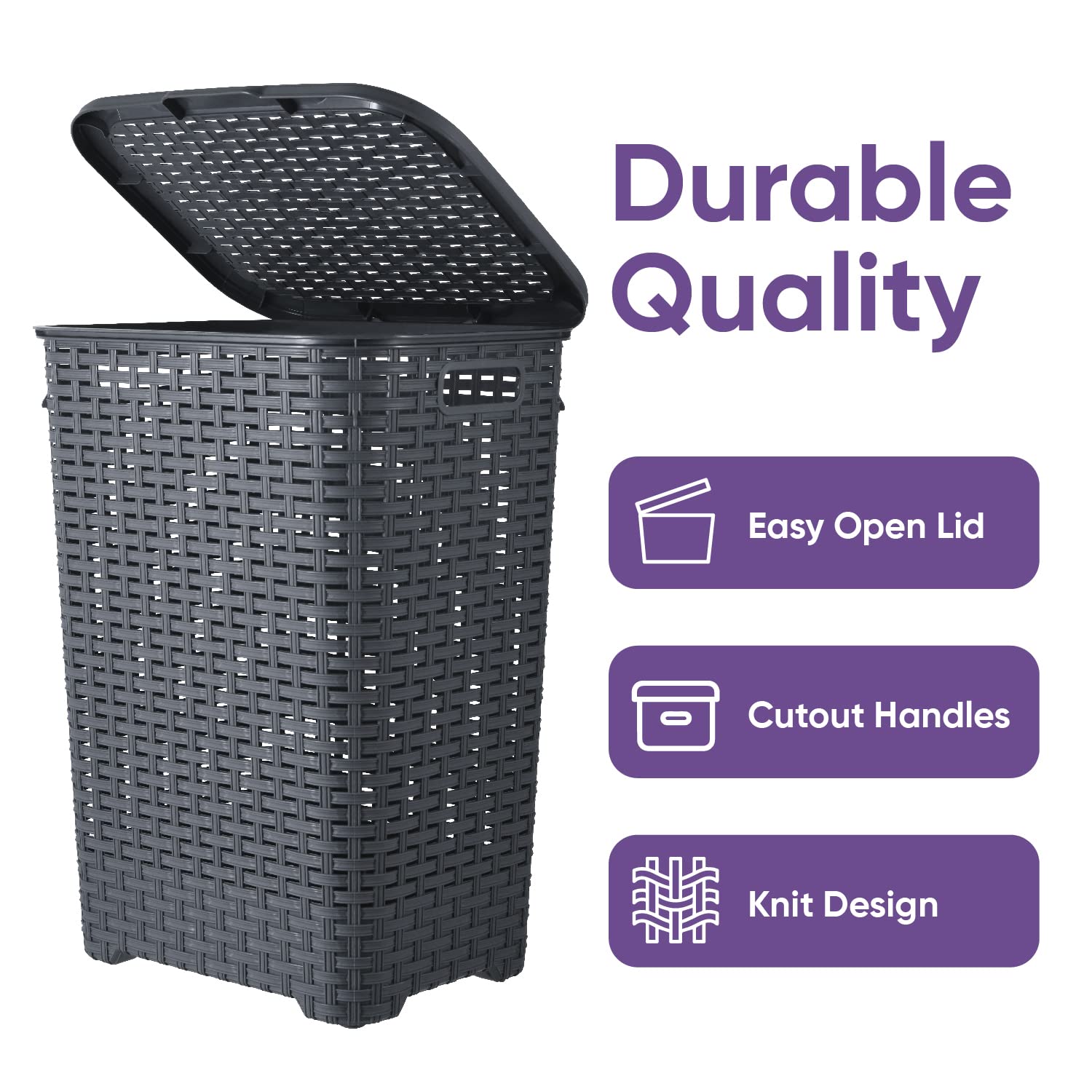 Laundry Hamper Basket With Lid 60 Liter - Deluxe Wicker Style Grey Color - 1.70 Bushel Bin With Cutout Handles To Storage Dirty Cloths in Washroom Bathroom, Or Bedroom. By Superio