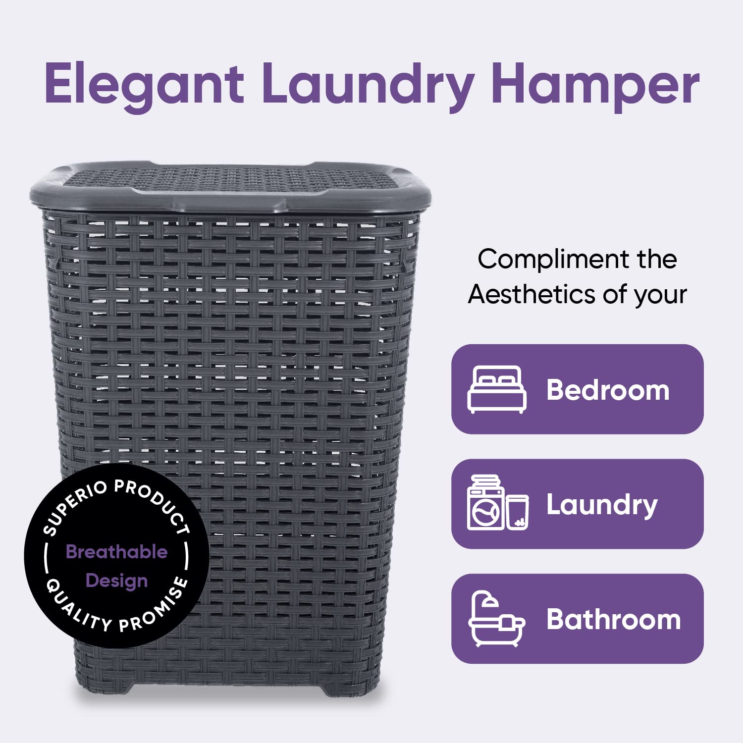 Laundry Hamper Basket With Lid 60 Liter - Deluxe Wicker Style Grey Color - 1.70 Bushel Bin With Cutout Handles To Storage Dirty Cloths in Washroom Bathroom, Or Bedroom. By Superio