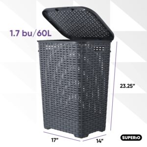 Laundry Hamper Basket With Lid 60 Liter - Deluxe Wicker Style Grey Color - 1.70 Bushel Bin With Cutout Handles To Storage Dirty Cloths in Washroom Bathroom, Or Bedroom. By Superio