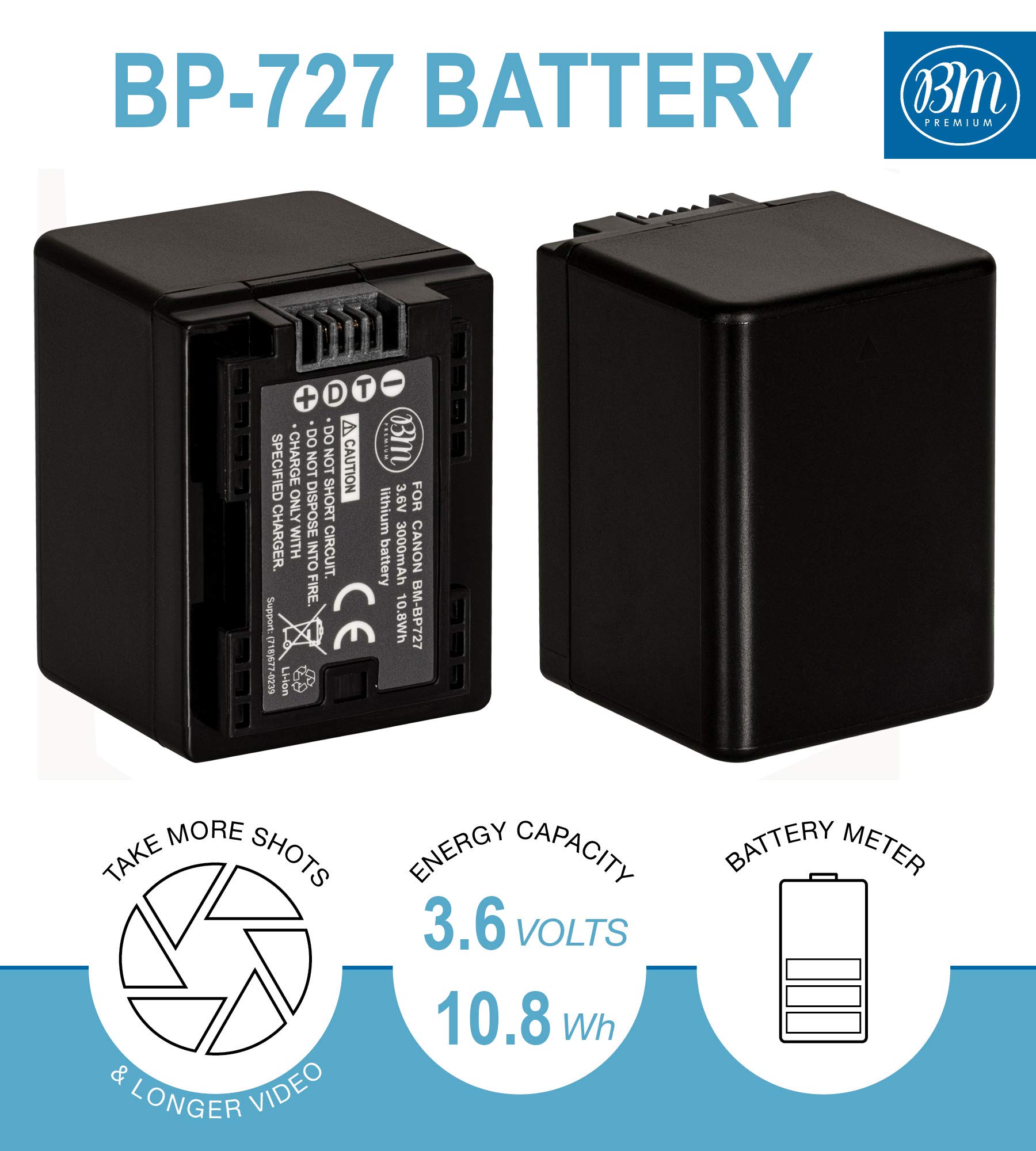 BM Premium 2 BP-727 Batteries and Dual Charger for Canon Vixia HFR80 HFR82 HFR800, HFR70, HFR72, HFR700, HFR32, HFR300, HFR40, HFR42, HFR400, HFR50, HFR52, HFR500, HFR60, HFR62, HFR600 Camcorder