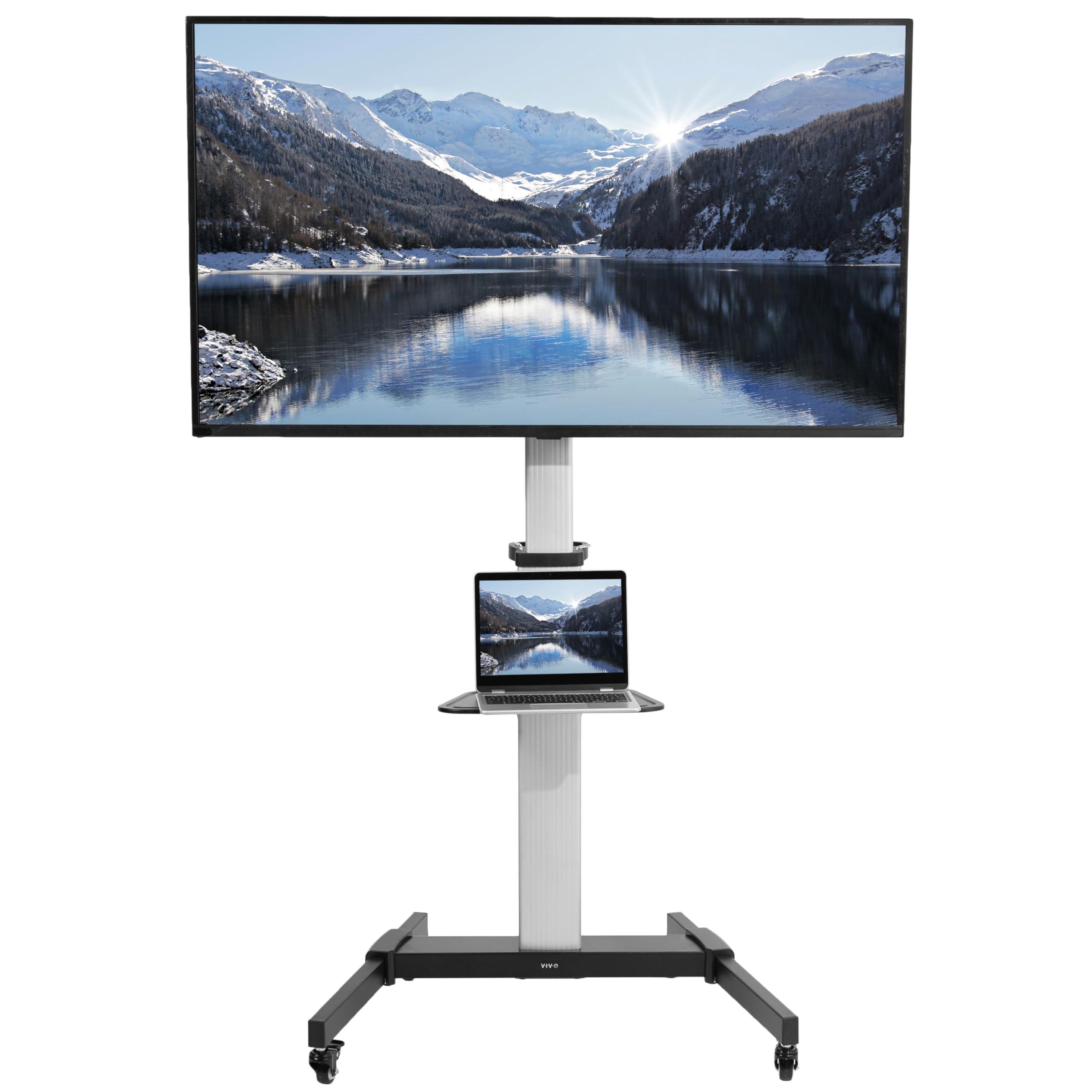 VIVO Aluminum Mobile TV Cart for 32 to 83 inch Screens up to 110 lbs, LCD LED OLED 4K Smart Flat, Curved Panels, Heavy Duty Stand with DVD Shelf, Locking Wheels, Max VESA 600x400, Silver, STAND-TV09