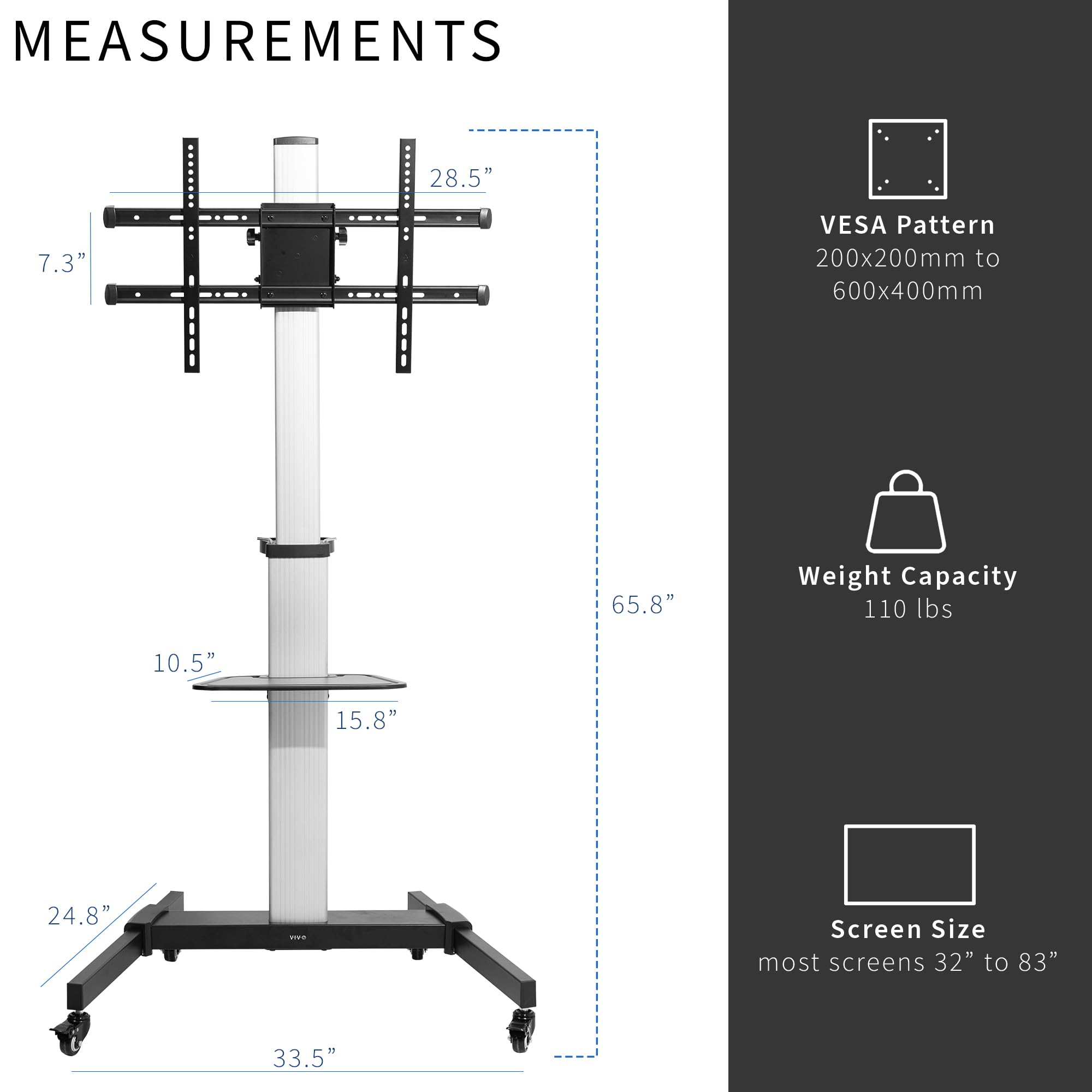 VIVO Aluminum Mobile TV Cart for 32 to 83 inch Screens up to 110 lbs, LCD LED OLED 4K Smart Flat, Curved Panels, Heavy Duty Stand with DVD Shelf, Locking Wheels, Max VESA 600x400, Silver, STAND-TV09