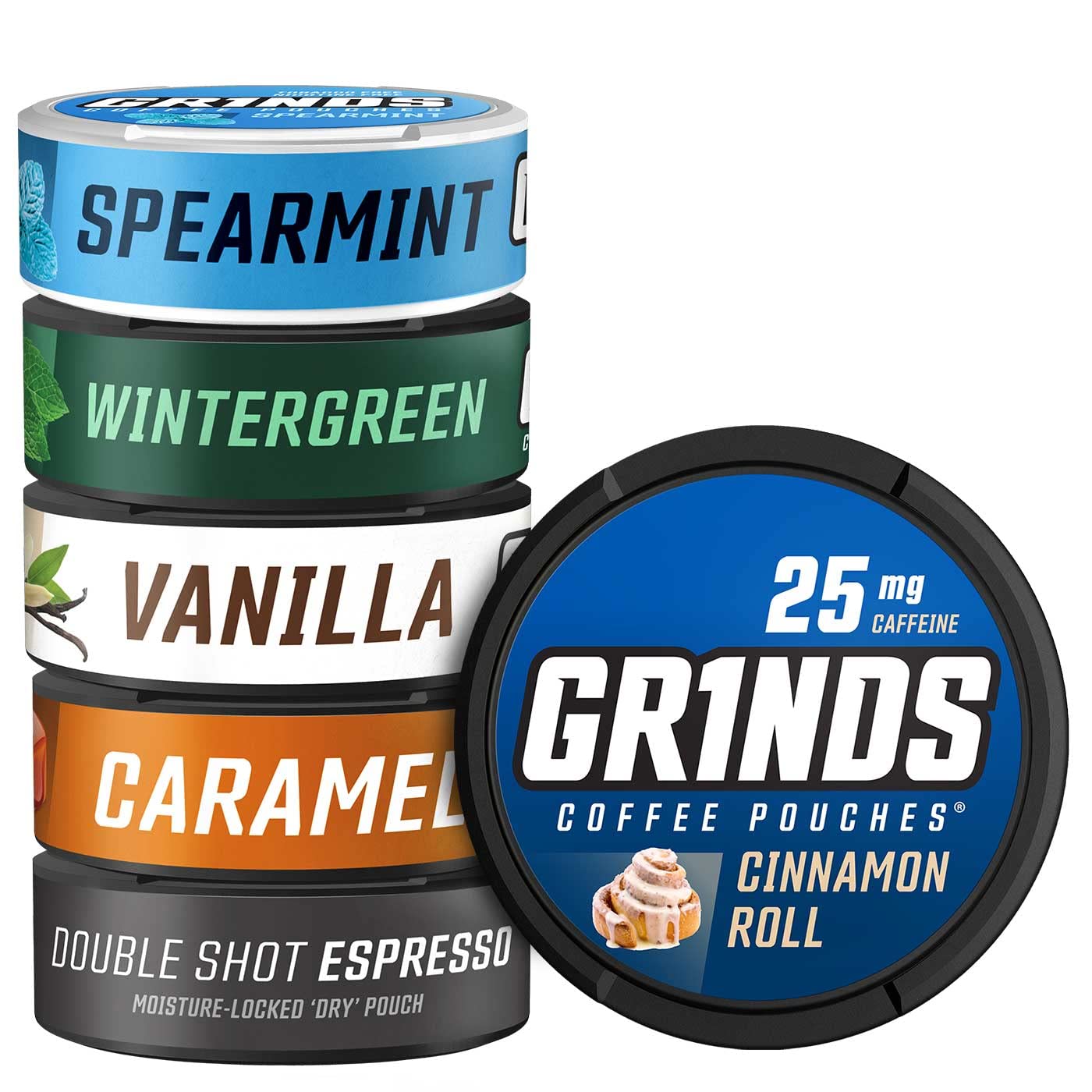 Grinds Coffee Pouches | 6 Can Sampler | Caramel, Espresso, Cinnamon Roll, Vanilla, Wintergreen, Spearmint | 1 Pouch eq. 1/4 Cup of Coffee