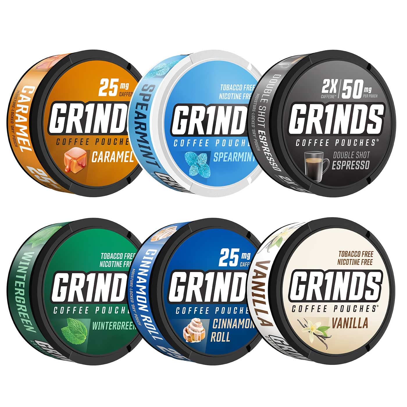 Grinds Coffee Pouches | 6 Can Sampler | Caramel, Espresso, Cinnamon Roll, Vanilla, Wintergreen, Spearmint | 1 Pouch eq. 1/4 Cup of Coffee