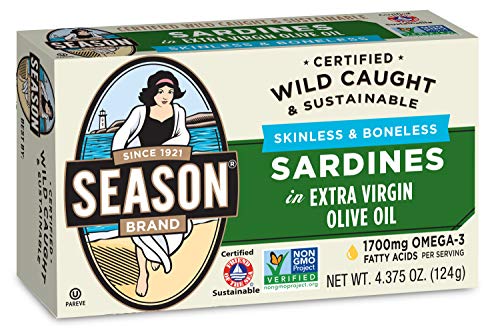 Season Sardines in Extra Virgin Olive Oil – Skinless & Boneless, Wild Caught, 22g of Protein, Keto Snacks, More Omega 3's Than Tuna, Kosher, High in Calcium, Canned Sardines – 4.37 Oz Tins, 12-Pack