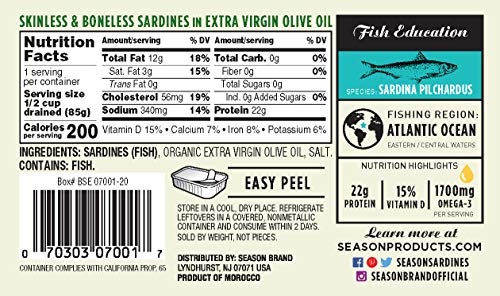 Season Sardines in Extra Virgin Olive Oil – Skinless & Boneless, Wild Caught, 22g of Protein, Keto Snacks, More Omega 3's Than Tuna, Kosher, High in Calcium, Canned Sardines – 4.37 Oz Tins, 12-Pack