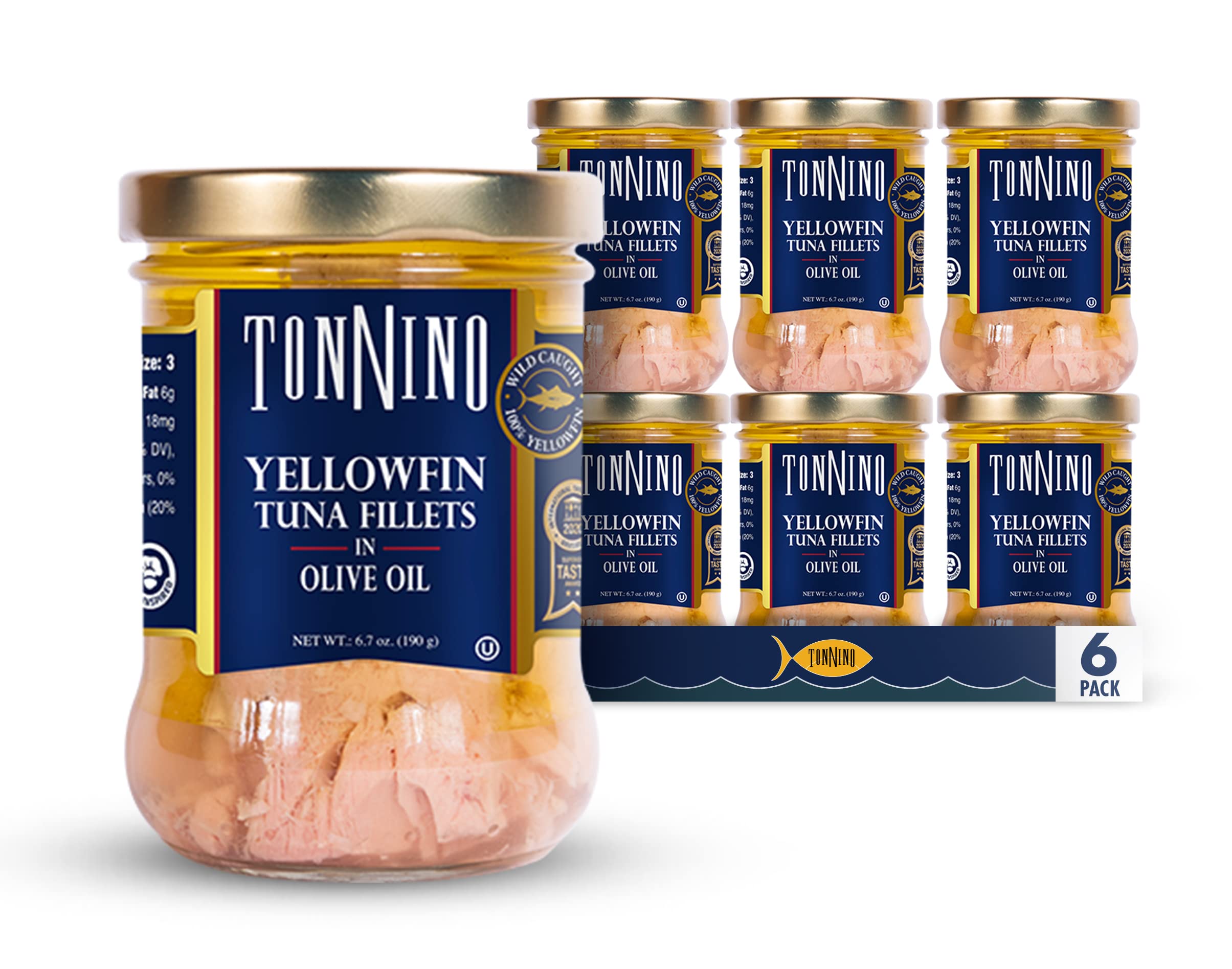 Tonnino Yellowfin Tuna in Olive Oil, Gluten-Free Premium Jarred Atun, Healthy Snacks for Adults, Ready to Eat Meals, EBT Eligible Items, Alternative of Salmon, Pack of 6