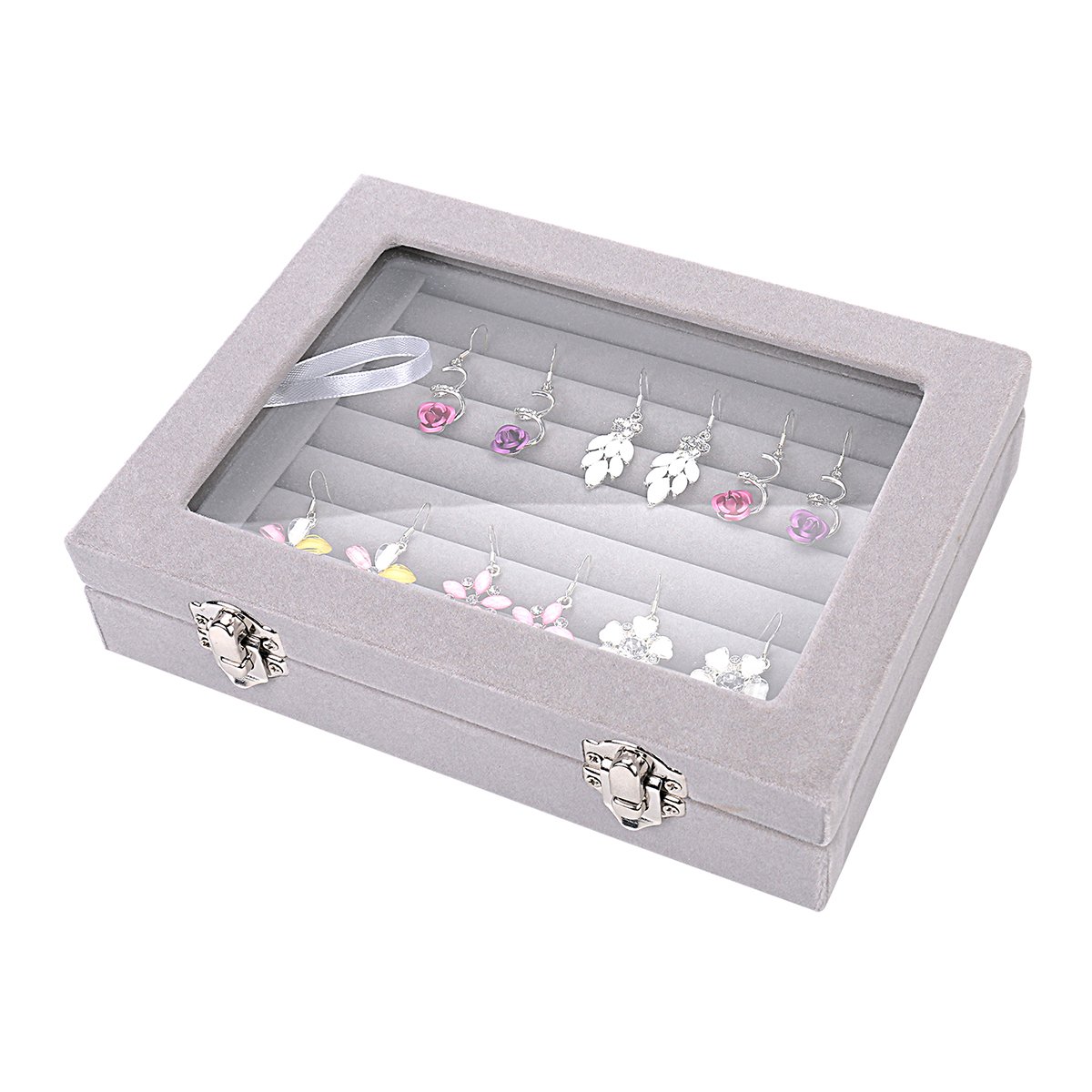 Ivosmart 7 Slots Velvet Glass Ring Jewelery Display Storage Box Tray Case Holder Earring Organizer Stand Grey