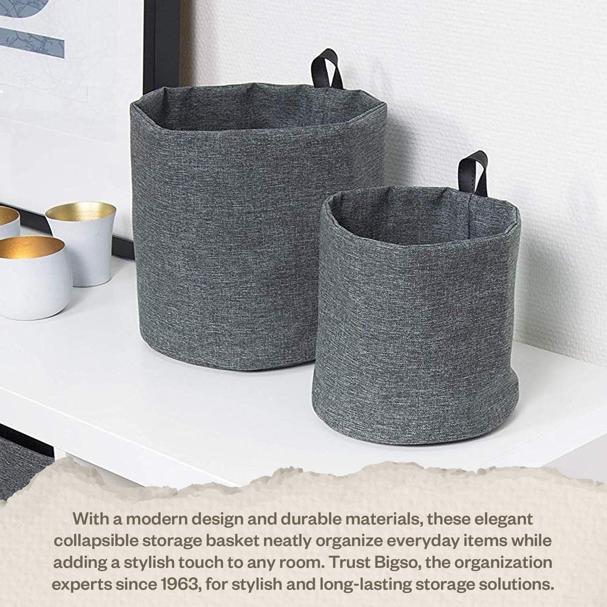 Bigso Soft Hang Around Hanging Storage Basket Small | Hanging Wall Basket for Organizing Everyday Necessities | Collapsible Wall Hanging Storage Basket for Closets | 6.7″x6.7″ | Small | Grey