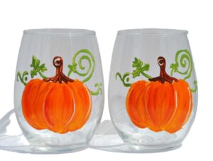 pumpkin hand painted stemless wine glasses set of 2 thanksgiving home decor