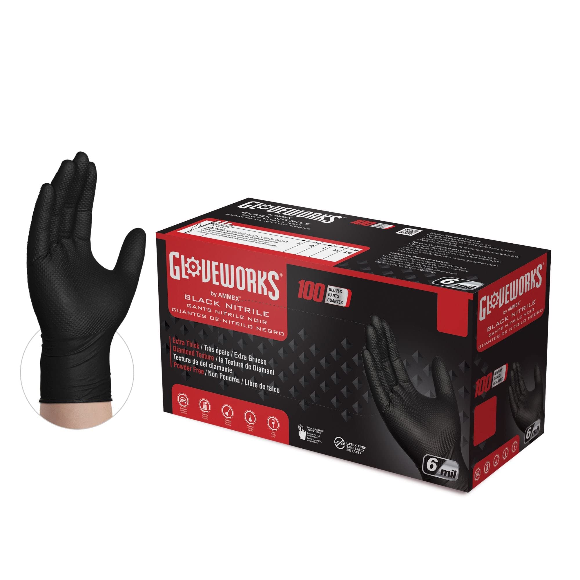 GLOVEWORKS HD Industrial Black Nitrile Diamond Texture Grip Disposable Gloves, X-Large (Pack of 100), 100