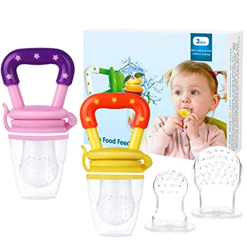 Baby Fruit Feeder Pacifier (2 Pack) - HAOBAOBEI Infant Teething Toy Teether in Appetite Stimulating Colors, Bonus Includes 3 Sizes Silicone Pouches