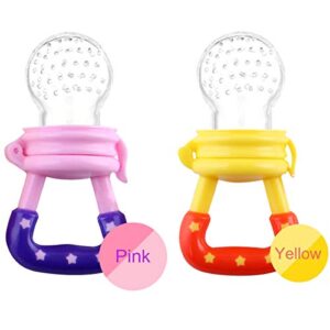 Baby Fruit Feeder Pacifier (2 Pack) - HAOBAOBEI Infant Teething Toy Teether in Appetite Stimulating Colors, Bonus Includes 3 Sizes Silicone Pouches