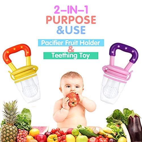 Baby Fruit Feeder Pacifier (2 Pack) - HAOBAOBEI Infant Teething Toy Teether in Appetite Stimulating Colors, Bonus Includes 3 Sizes Silicone Pouches