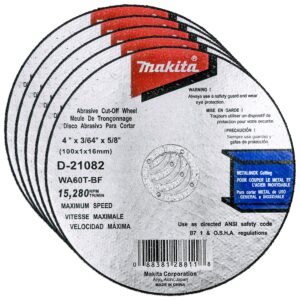 makita 5 pack - 4 inch cut off wheels for 4" grinders - aggressive cutting for metal & stainless steel - 4" x .045" x 5/8"