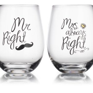 Personalized Gift Set Of Two 19 Oz. Mr Right & Mrs Always Right Stemless Red Or White Wine Glass - Unique Novelty - Gag Gift- Great For Wedding, Couples, Anniversary & Housewarming Gift