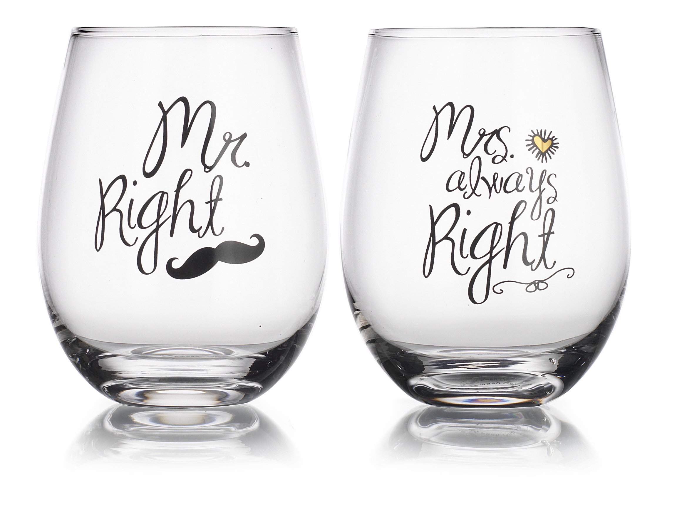 Personalized Gift Set Of Two 19 Oz. Mr Right & Mrs Always Right Stemless Red Or White Wine Glass - Unique Novelty - Gag Gift- Great For Wedding, Couples, Anniversary & Housewarming Gift