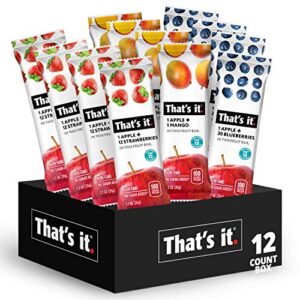 that's it. variety pack 100% natural real fruit bar, best high fiber vegan, gluten free healthy snack, paleo for children & adults, non gmo no added sugar, no preservatives energy food (12 pack)