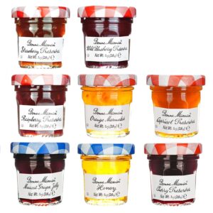 bonne maman assorted preserves - strawberry, apricot, raspberry, orange, cherry, honey, grape, blueberry - 8 jars x 1 oz