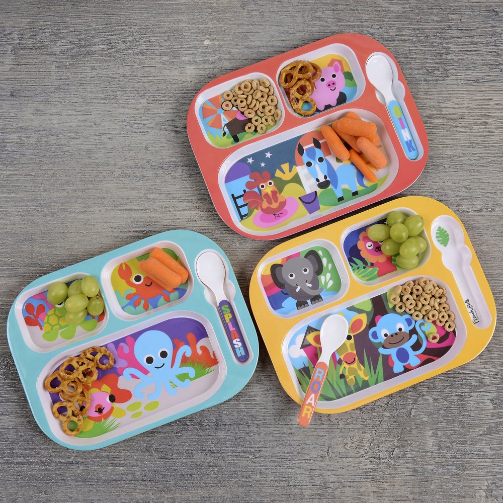 French Bull 11" Kids Everyday Tray - Divided Tray and Spoon Set, Farm Animals (74411)