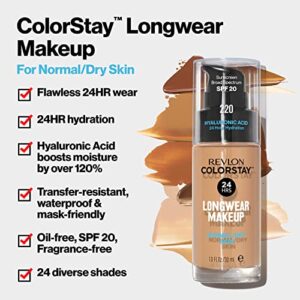 Revlon Liquid Foundation, ColorStay Face Makeup for Normal and Dry Skin, SPF 20, Longwear Medium-Full Coverage with Matte Finish, Oil Free, 220 Natural Beige, 1.0 Oz