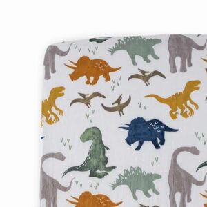 little unicorn dino friends fitted crib sheet | 100% cotton muslin | super soft | sized for standard baby crib & toddler mattress | machine washable | 52” x 28” x 9”