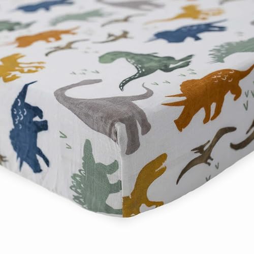 Little Unicorn Dino Friends Fitted Crib Sheet | 100% Cotton Muslin | Super Soft | Sized for Standard Baby Crib & Toddler Mattress | Machine Washable | 52” x 28” x 9”