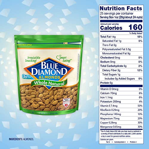 Blue Diamond Almonds Whole Natural Raw Snack Nuts, 25 Oz Resealable Bag (Pack of 1)