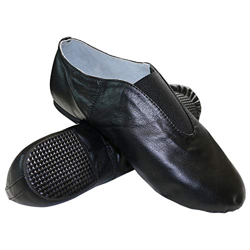 Danzcue Womens Black Leather Jazz Shoes Slip-on with Elastic Top Pieces, 11.5 M US