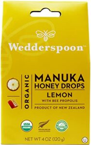 wedderspoon organic manuka honey drops, lemon & bee propolis, 20 count (pack of 1) | genuine new zealand honey | perfect remedy for dry throats