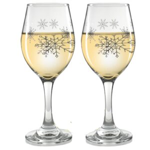 banberry designs snowflake wine glasses - standard two piece set of wine glasses - silver snowflake design - 7.75" h 12 oz capacity