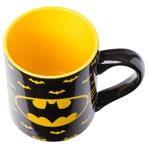 Silver Buffalo DC Comics Batman Logo with Bat Pattern Ceramic Coffee Mug, 14 Ounces, Black/Yellow, (BN8632)