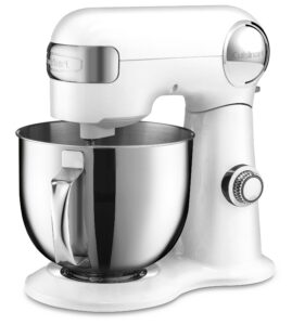 cuisinart stand mixer, 12 speed, 5.5 quart stainless steel bowl, chef’s whisk, mixing paddle, dough hook, splash guard w/ pour spout, white linen, sm-50, manual