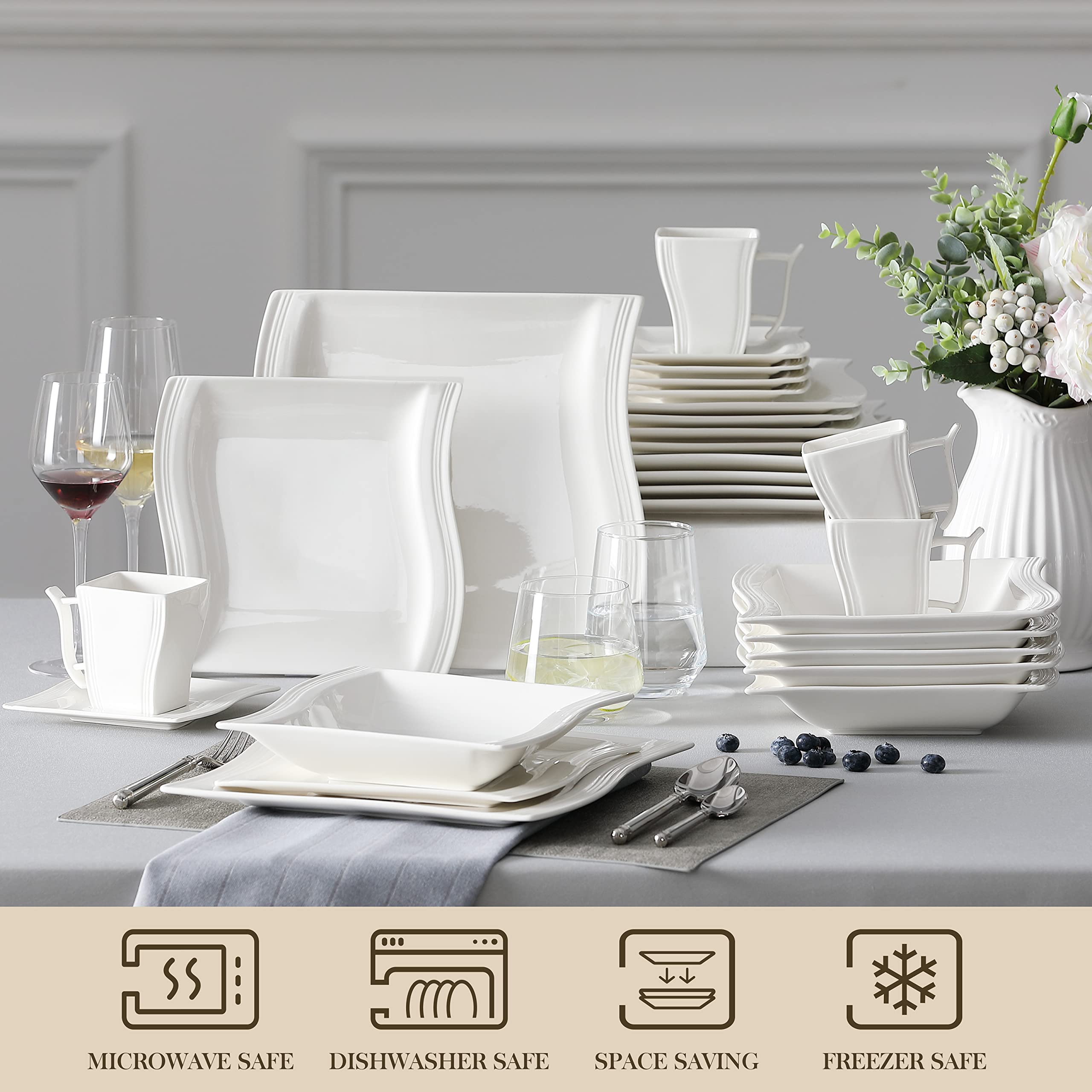 MALACASA Ivory White Dinnerware Set, 30-Piece Porcelain Dinnerware Sets, Modern Square Dinner Set Plates and Bowls for Dessert, Salad and Pasta, Cup and Saucer Set, Dinnerware Set for 6, Series Flora