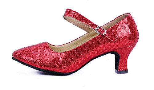 missfiona Women's Glitter Latin Ballroom Dance Shoes Pointed-Toe Y Strap Dancing Heels(6.5, Red)