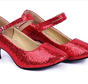 missfiona Women's Glitter Latin Ballroom Dance Shoes Pointed-Toe Y Strap Dancing Heels(6.5, Red)