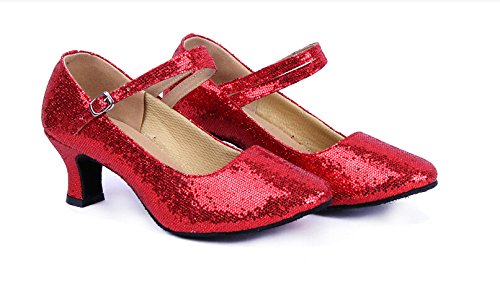 missfiona Women's Glitter Latin Ballroom Dance Shoes Pointed-Toe Y Strap Dancing Heels(6.5, Red)